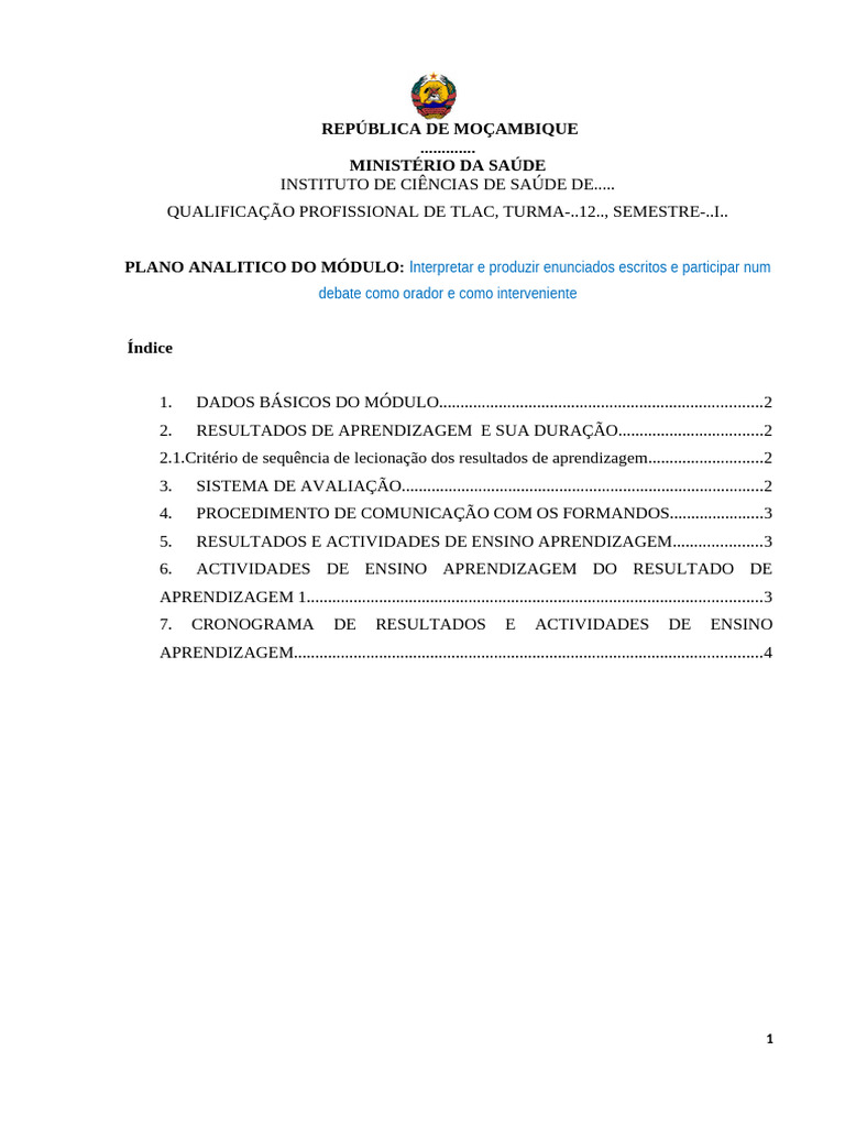 Modelo de Plano Analitico 020524 Rev3 VF MISAU | PDF