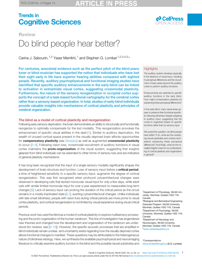 Auditory Enhancements in the Blind | PDF | Visual Cortex | Perception