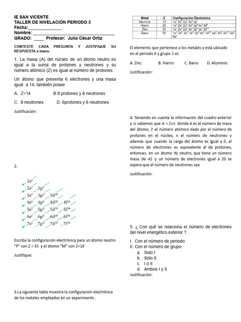 Taller de Nivelaci-N Octavo. Periodo 3 2024 | PDF | Neutrón | Núcleo atómico
