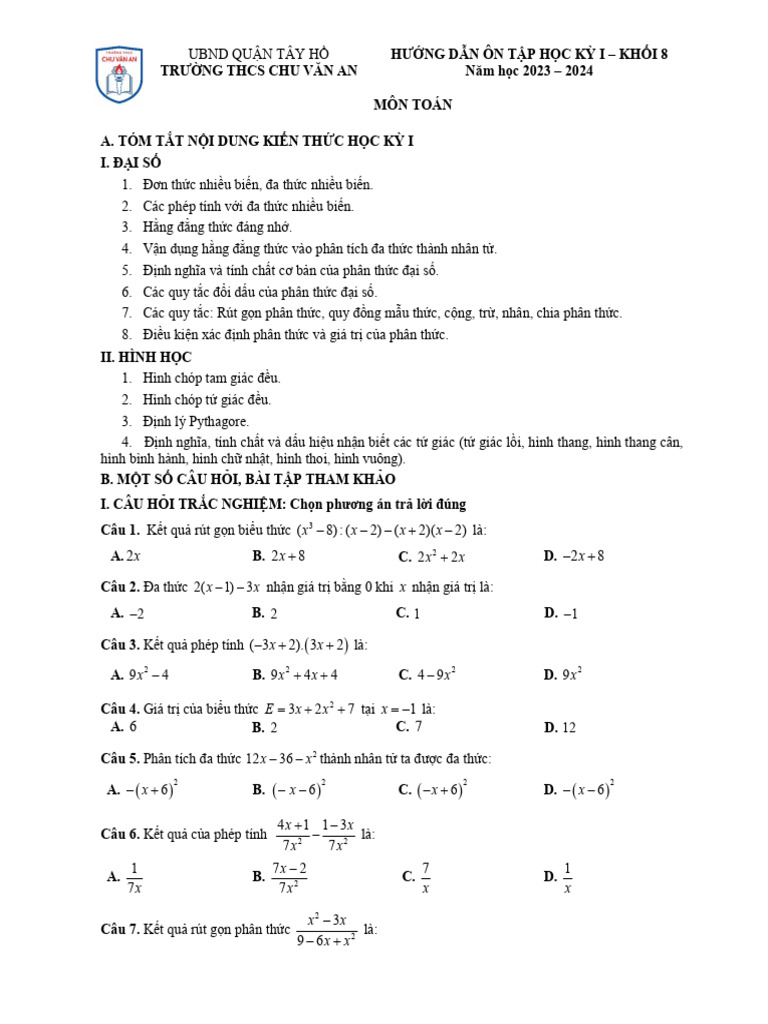 On Tap Hoc Ky 1 Toan 8 Nam 2023 2024 Truong Thcs Chu Van An Ha Noi | PDF