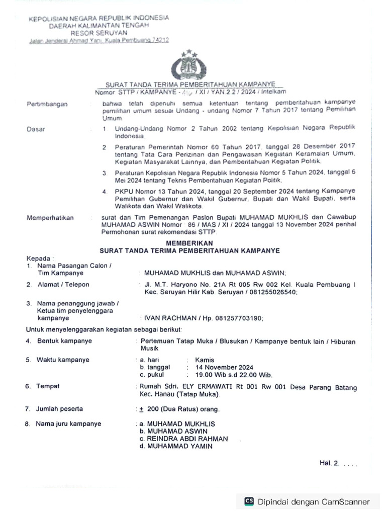 STTP 416 Paslon 1 TGL 14 Nov 2024 | PDF