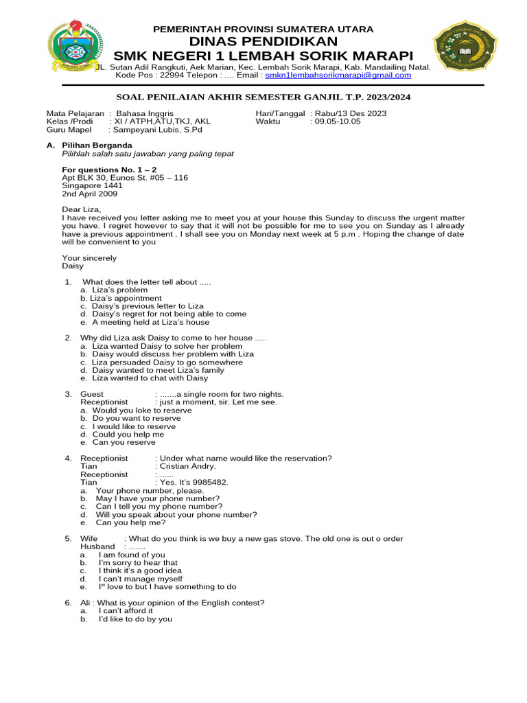 Contoh - Format Soal Penilaian Akhir Semester Bahasa Inggris Kls XI (Kelas XI Dan XII K13) | PDF