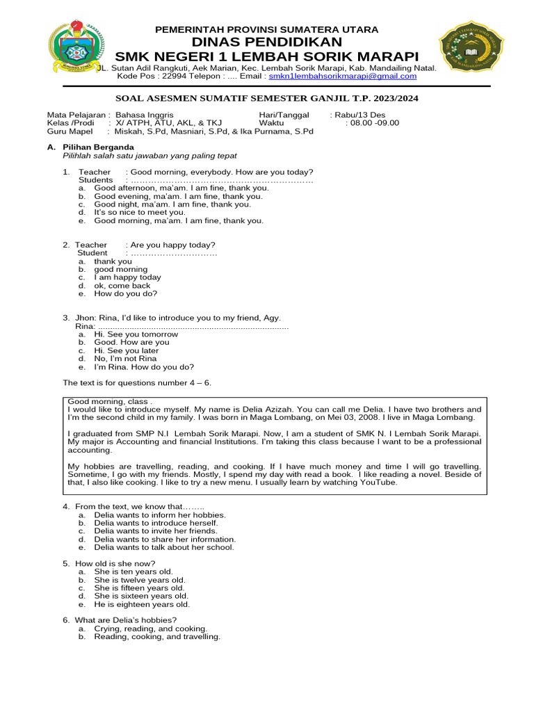Contoh - Format Soal Asesmen Sumatif Bahasa Inggris (Kelas X Kurmer ...