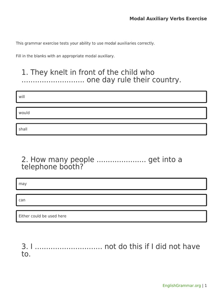 Modal Auxiliary Verbs Exercise | PDF | Morphology | Semantic Units