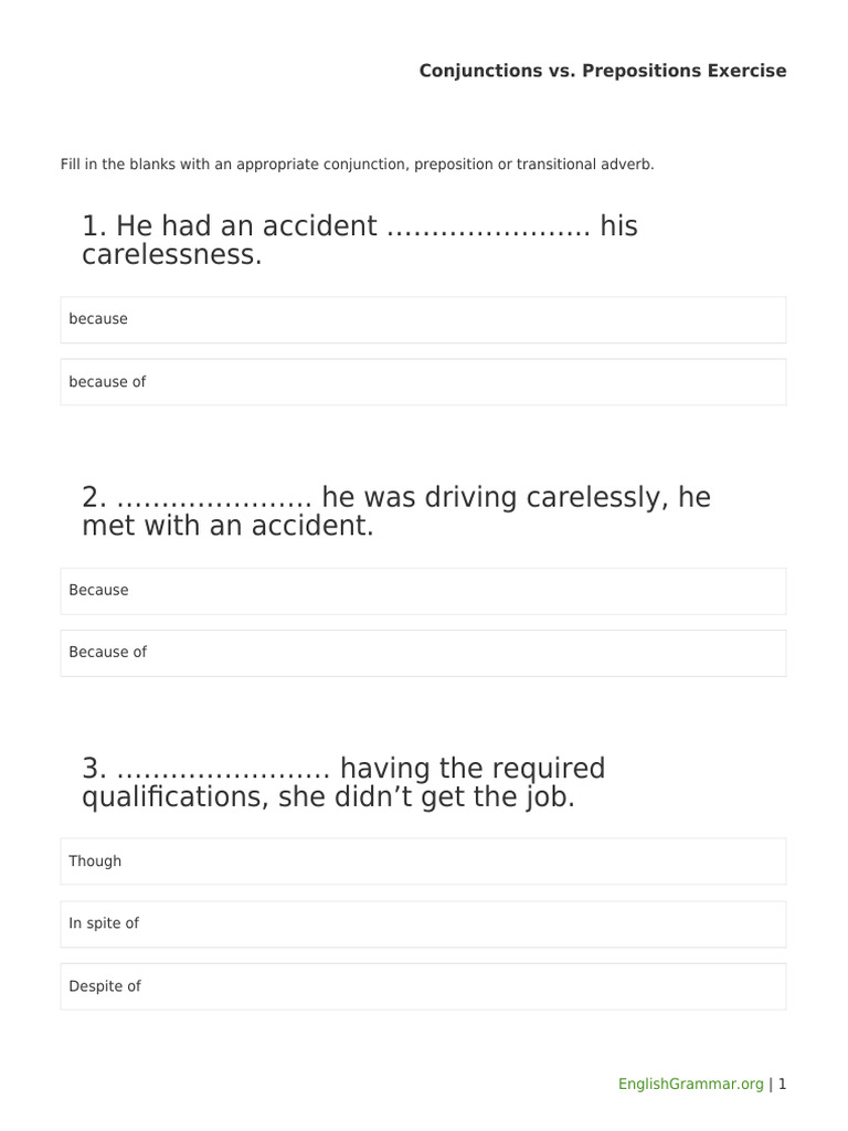 Conjunctions vs. Prepositions Exercise | PDF | Syntactic Relationships | Linguistic Morphology