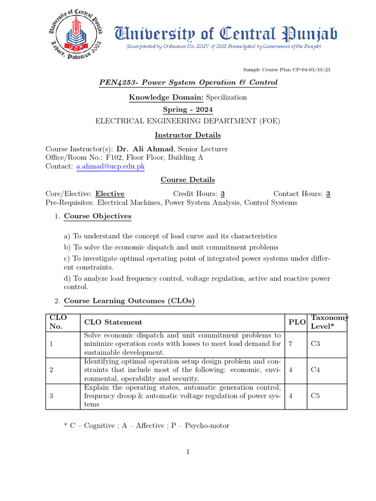 PEN4253 - Power System Operation Control Course Outline | PDF | Electric Power | Electrical ...