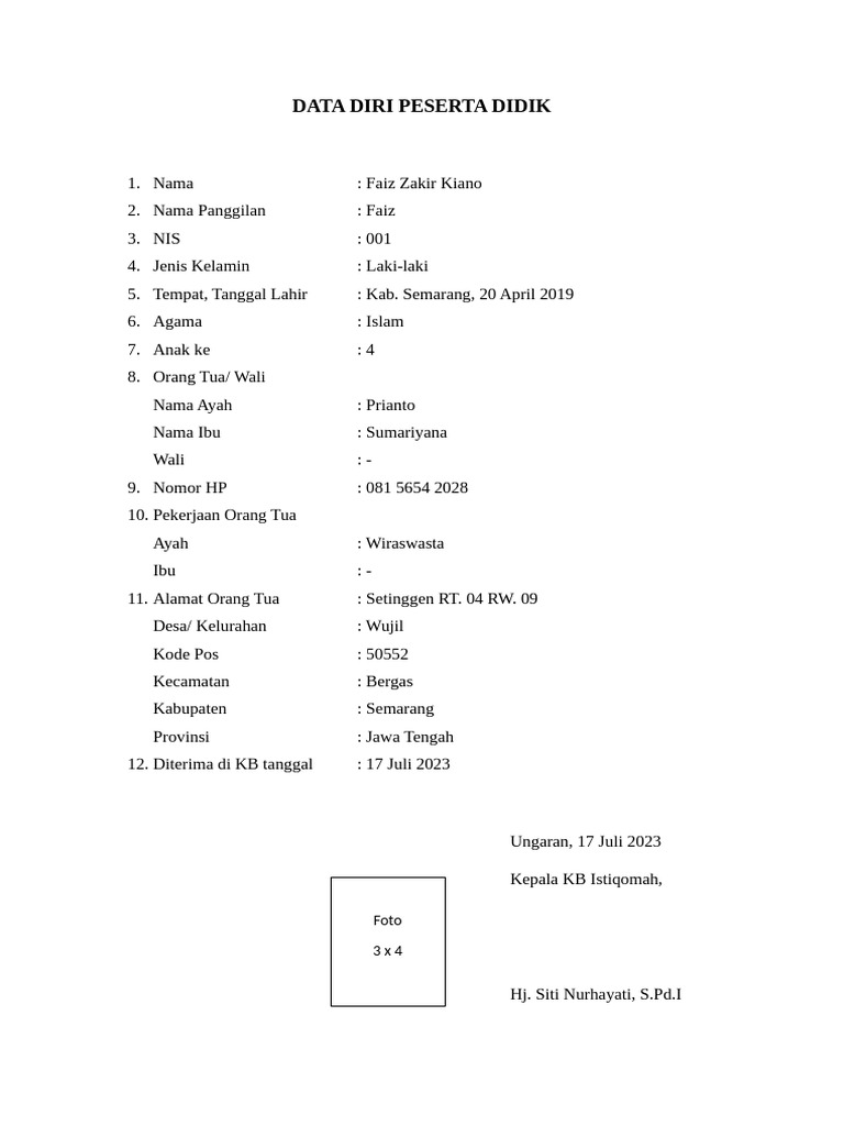 Data Diri Peserta Didik | PDF