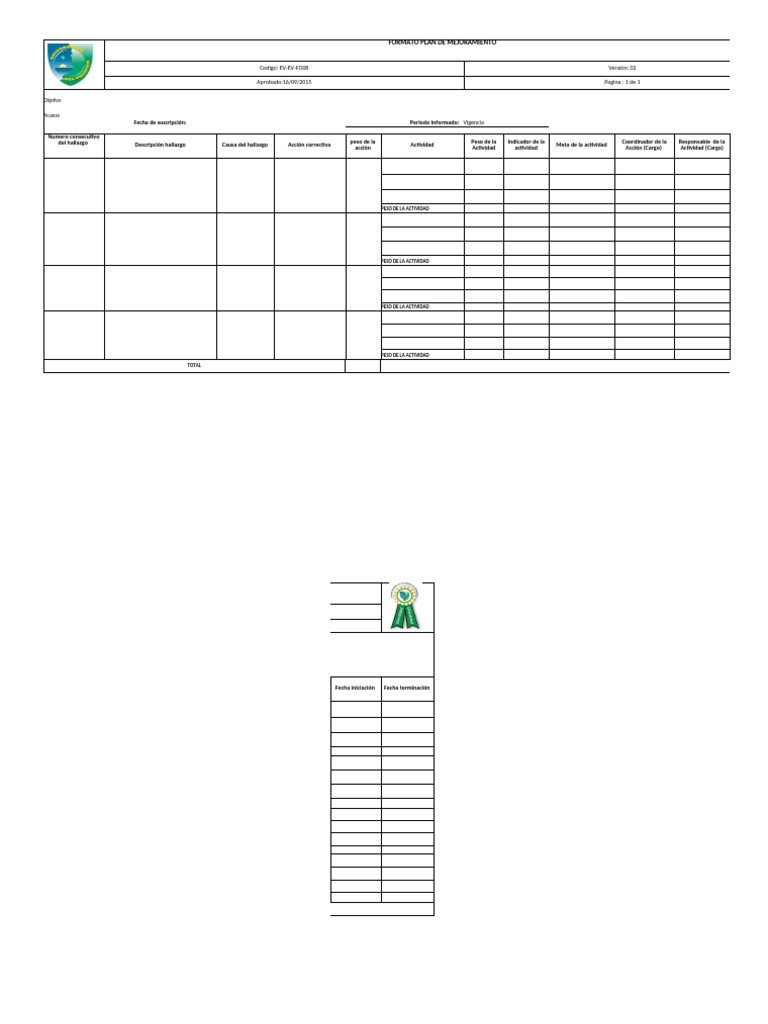 Ev-Ev-Fo08 Formato Plan de Mejoramiento | PDF