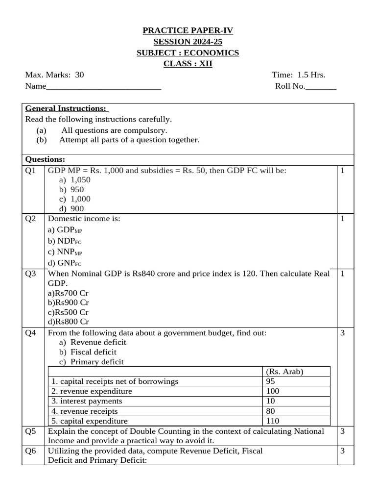 Economics Practice Paper for Class XII | PDF | Government Budget ...