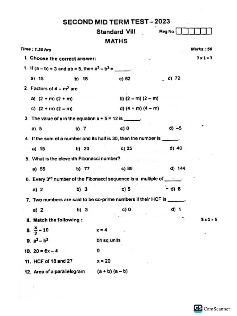 8th Maths EM Second Mid Term Test 2023 Question Paper Ranipet District ...