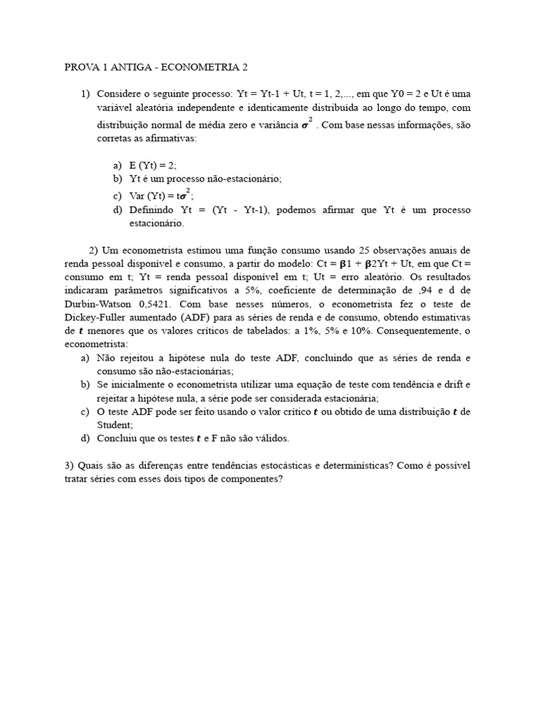 Prova Antiga 1 - Econometria 2 | PDF