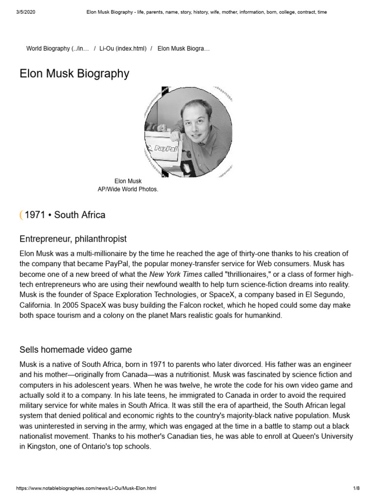 Elon Musk: Biography and Achievements | PDF | Elon Musk | Pay Pal