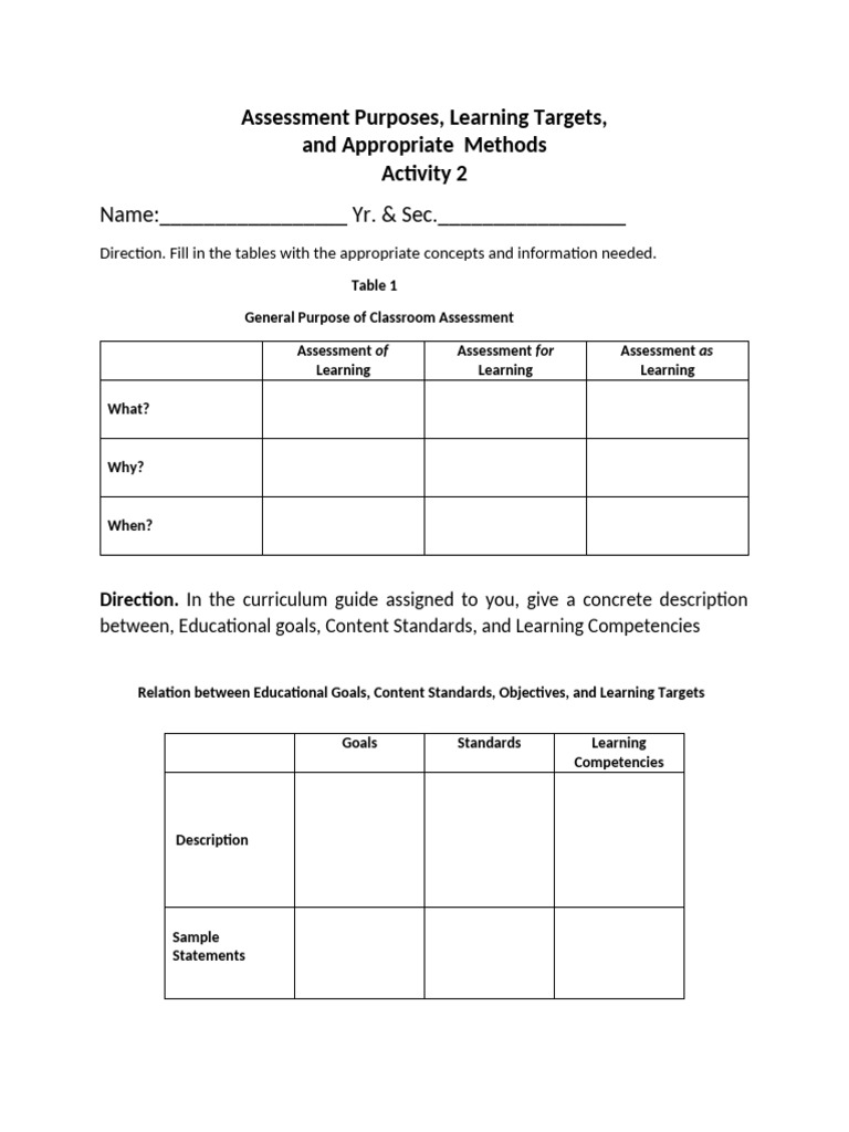 Assessment Purposes Learning Targets Appropriate Methods Quiz Pdf