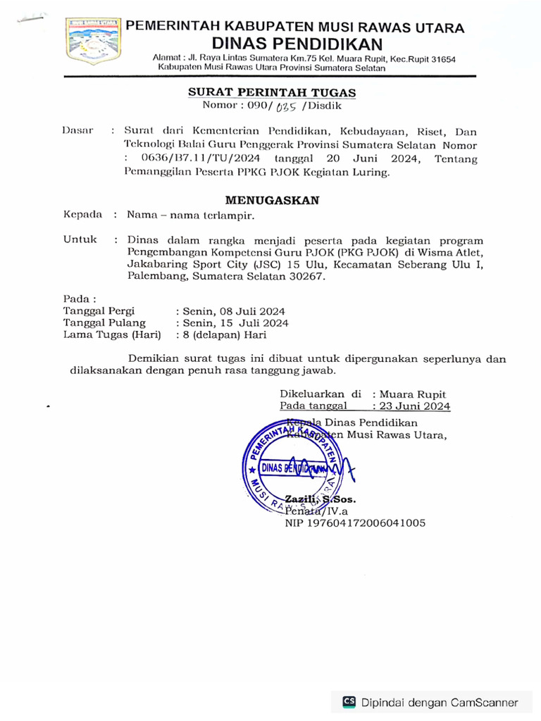 Surat Tugas Peserta PPKG PJOK | PDF