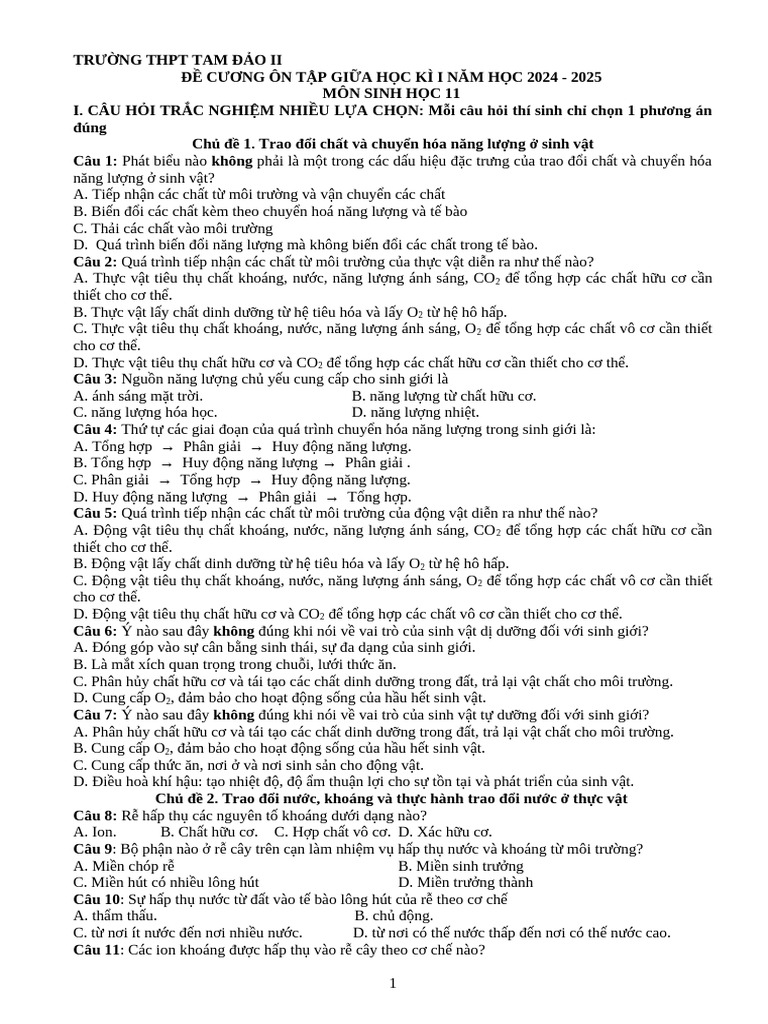 Sinh 11 - đề Cương Giữa HK1 - 2024-2025 Đã Sửa Theo Góp ý - Sao Chép | PDF