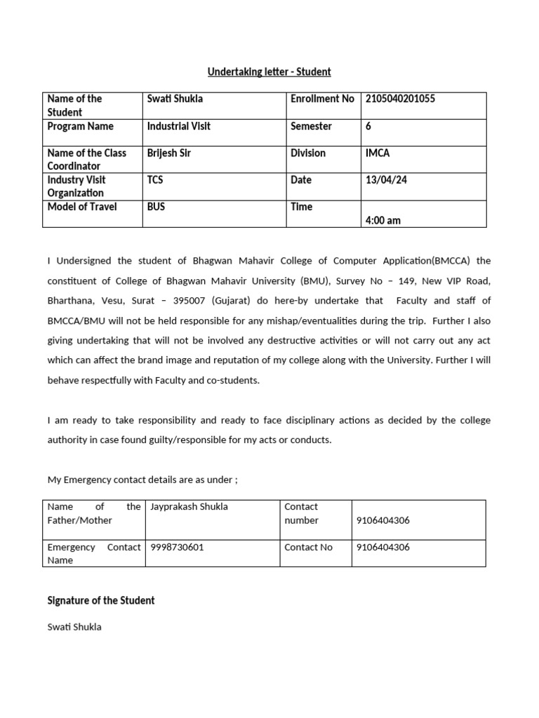 Industry Visit - Student - Undertaking Letter | PDF