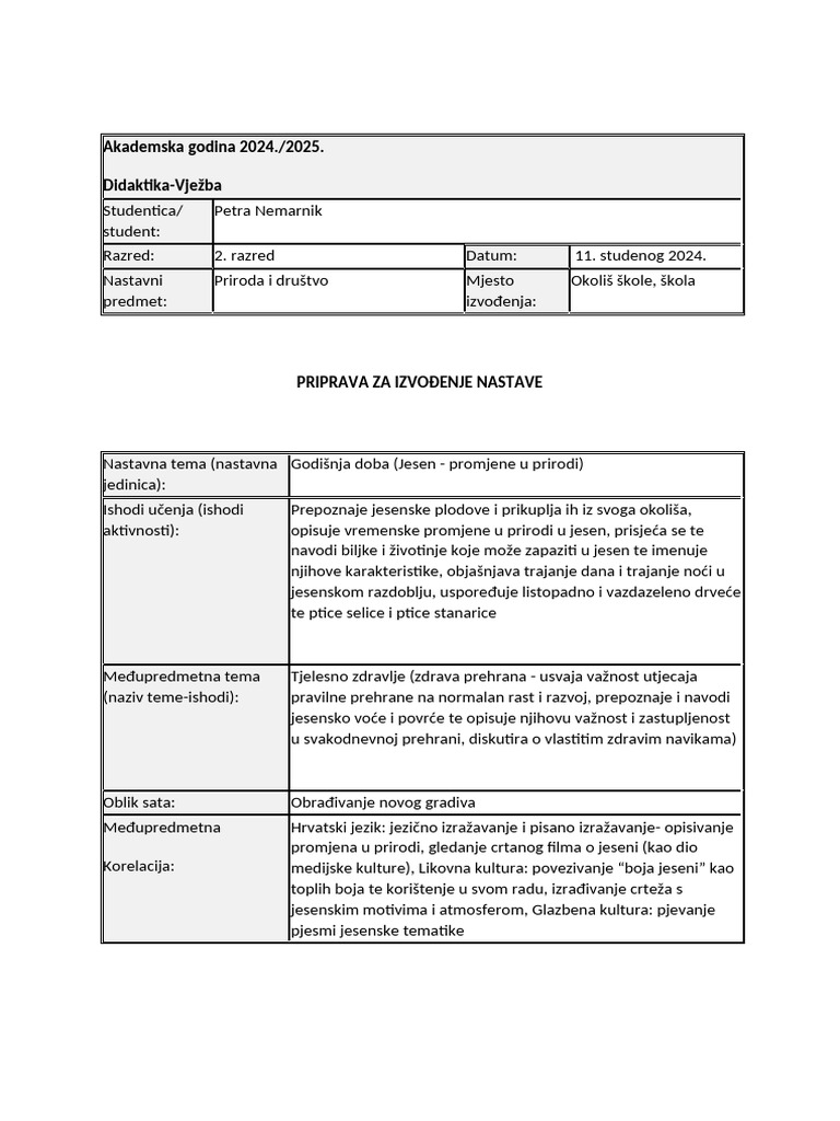 Nastavna Priprava Vježba Obrazac | PDF