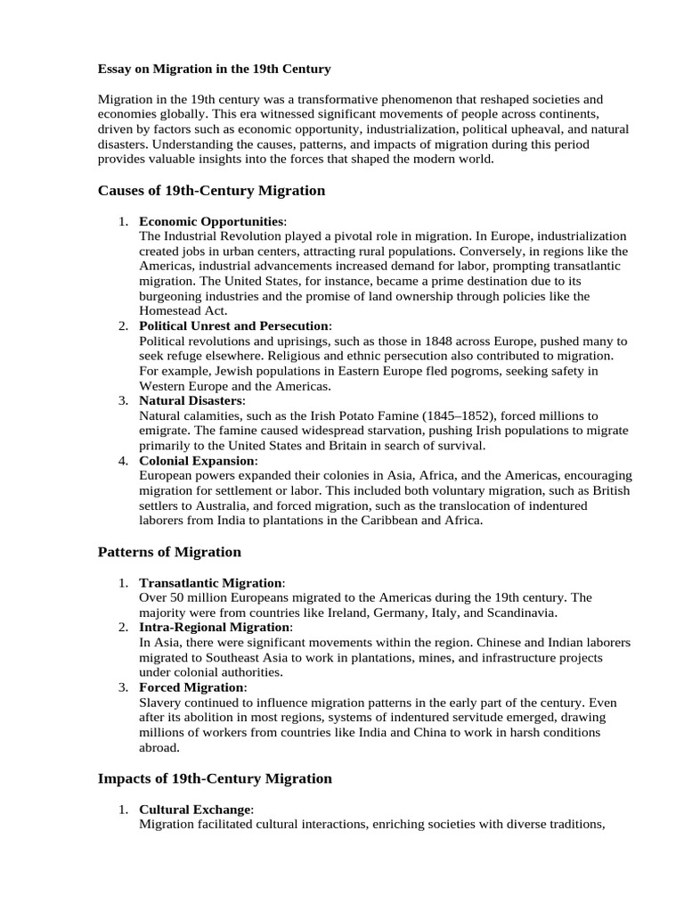 Essay On Migration in The 19th Century | PDF | Human Migration ...