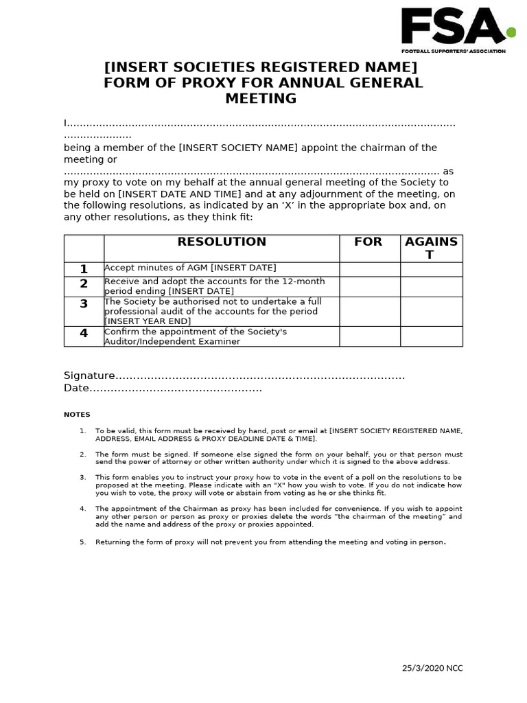 Template AGM Proxy Form | PDF