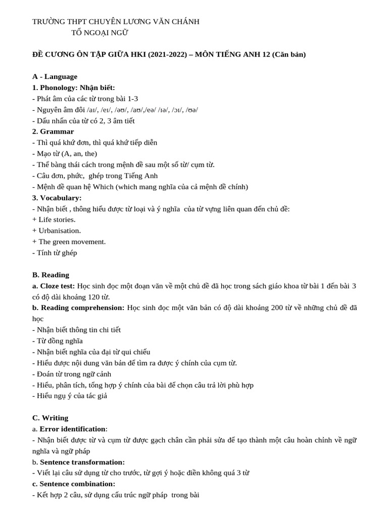 12 CB- ĐỀ CƯƠNG ÔN TẬP GKI | PDF | Leonardo Da Vinci