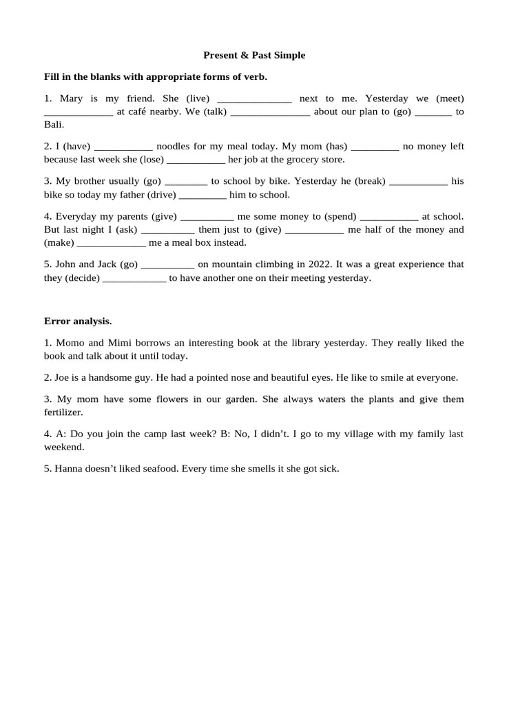 Present & Past Simple Verb Exercises | PDF