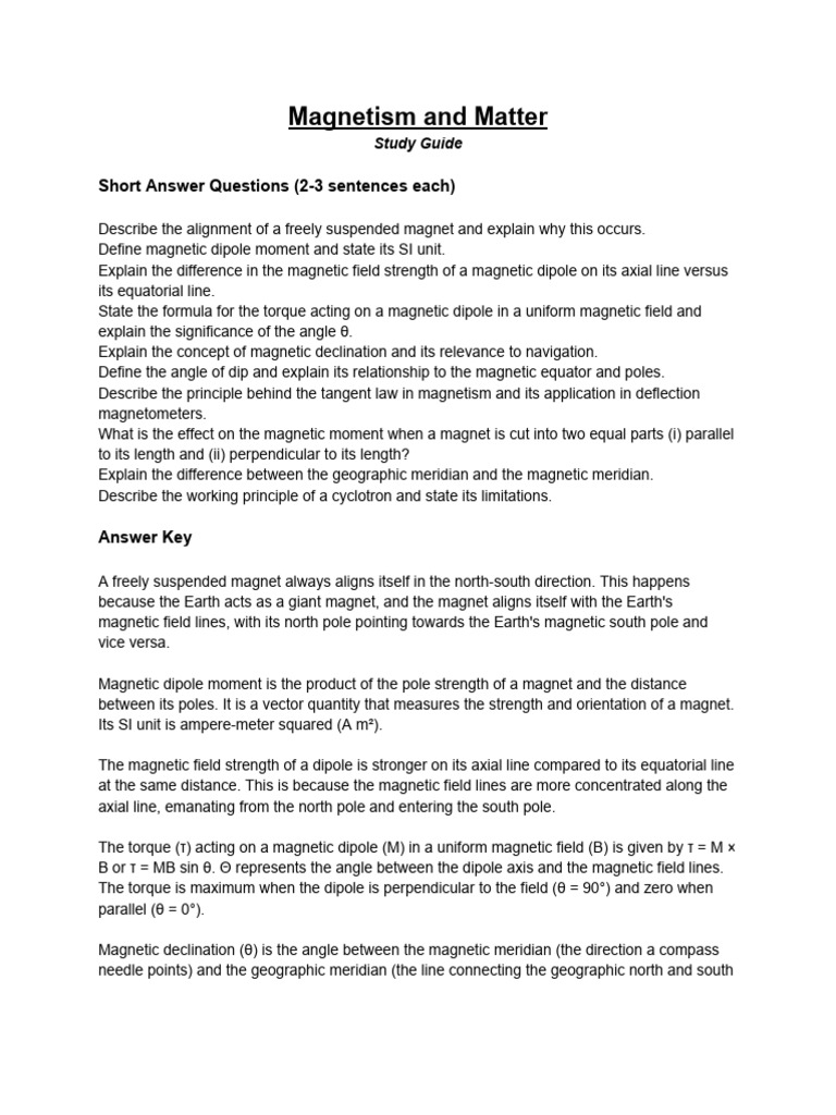 Magnetism and Matter Study Guide | PDF | Magnetism | Magnetic Field