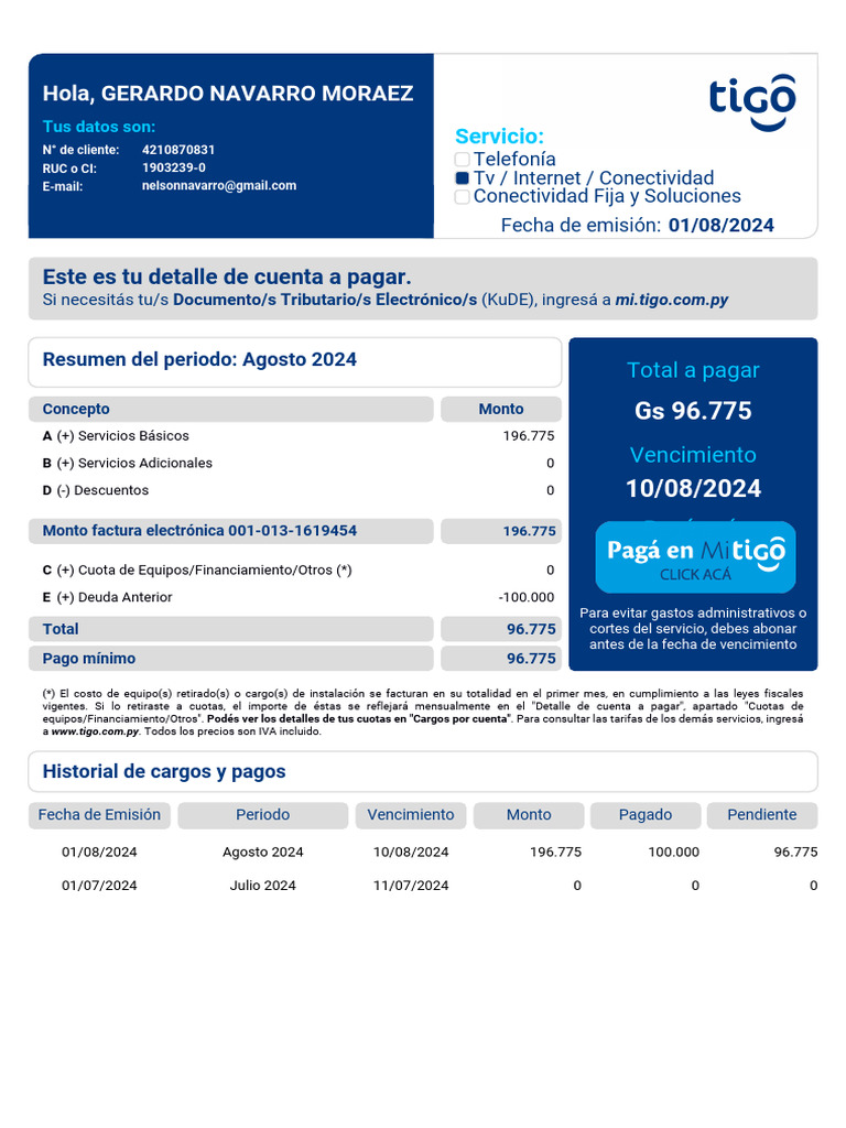 Detalle de Factura Tigo Agosto 2024 | PDF | Factura