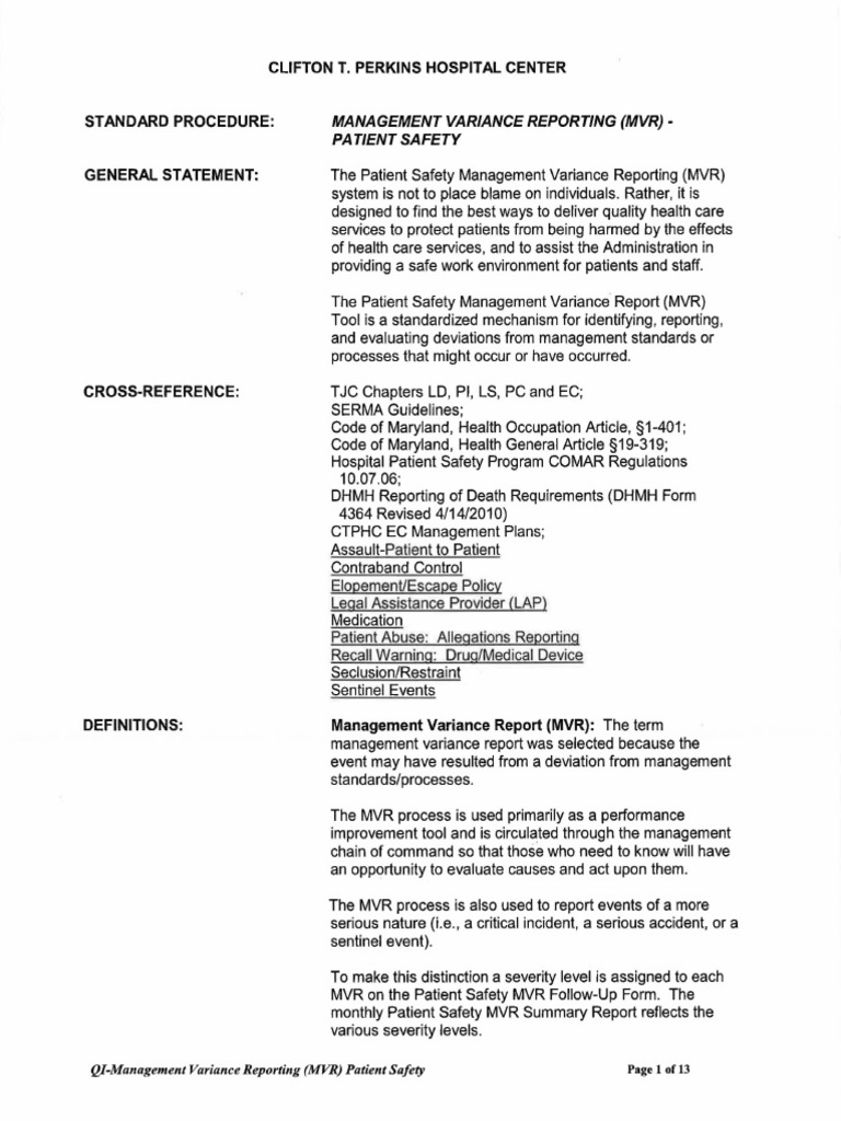 Management Variance Reporting (MVR) Patient Safety | PDF | Patient ...
