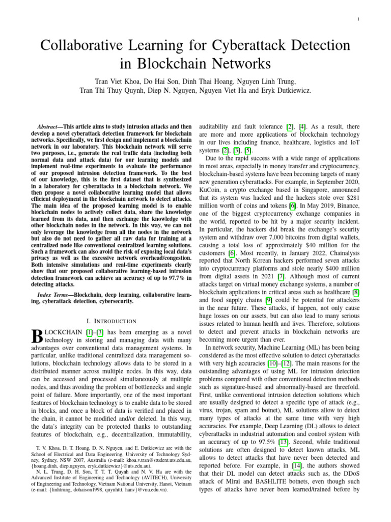 Collaborative Learning For Cyberattack Detection In Blockchain Networks Pdf Artificial