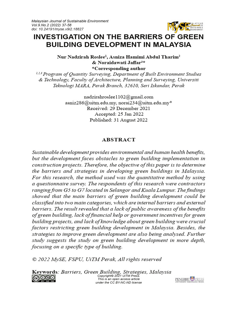 Investigation On The Barriers of Green Building Development in Malaysia ...