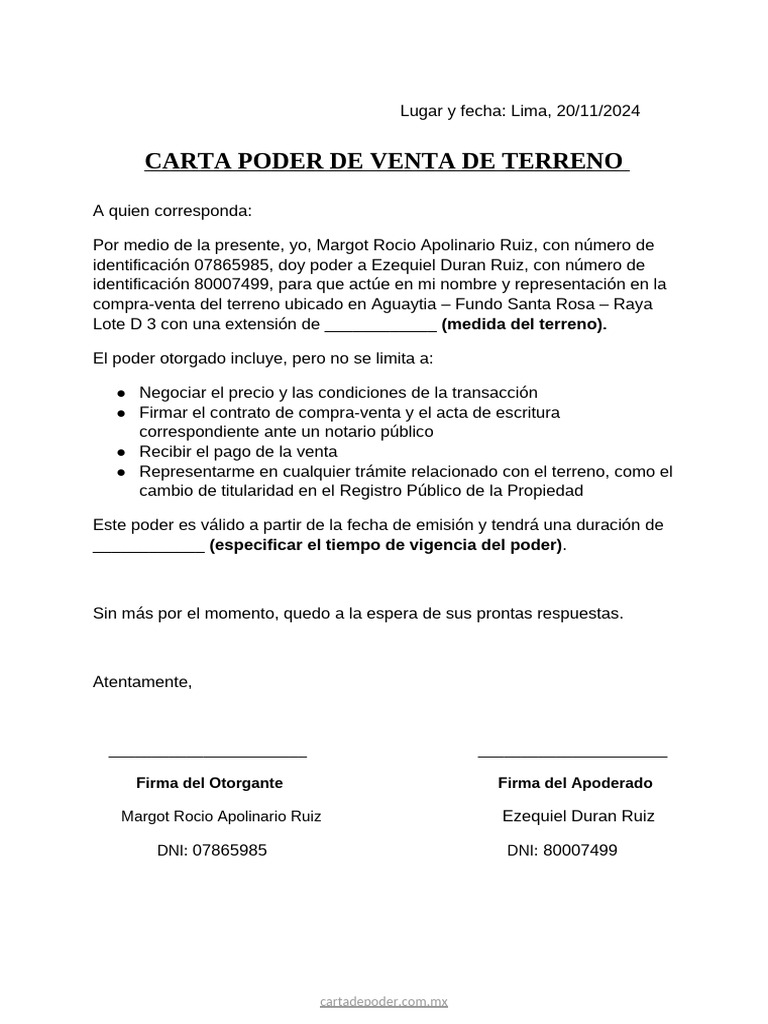 Carta Poder para Venta de Terreno | PDF