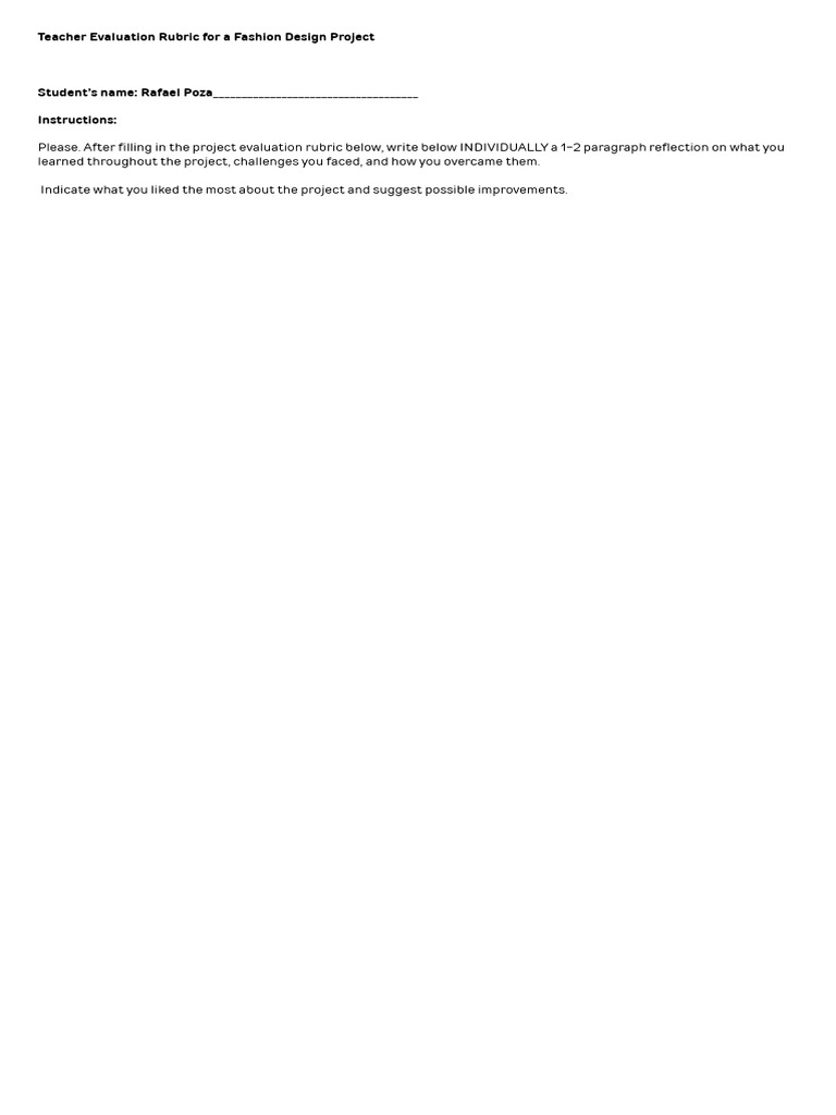 Teacher Evaluation Rubric For A Fashion Design Project | PDF | Rubric ...