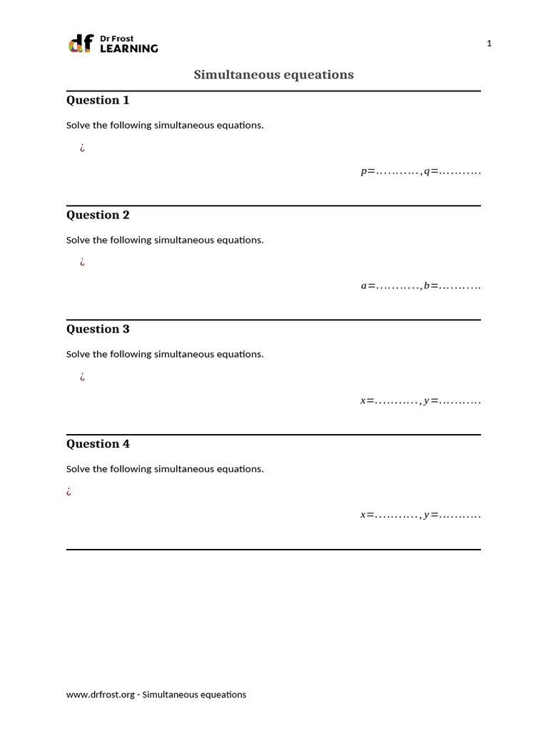 A-E3 Solve Simultaneous Linear Equations by Elimination | PDF | System Of Linear Equations ...