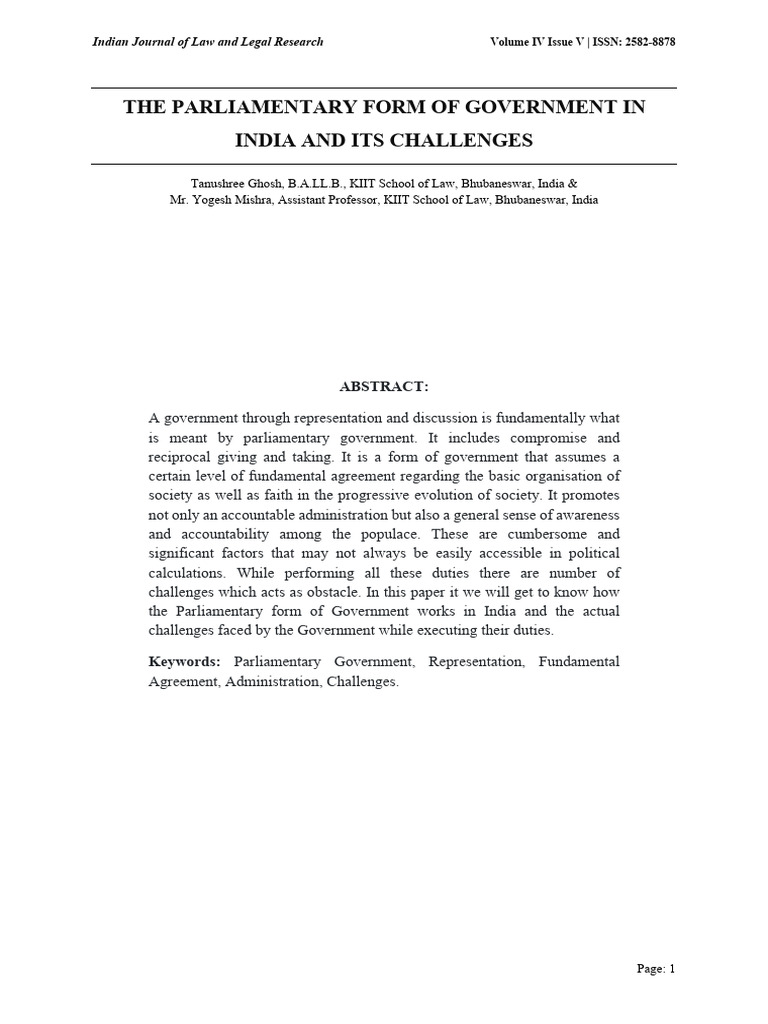 The Parliamentary Form of Government in India and Its Challenges | PDF ...