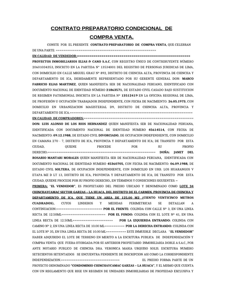 CONTRATO PREPARATORIO CONDICIONAL Elias y Cano | PDF | Condominio | Propiedad