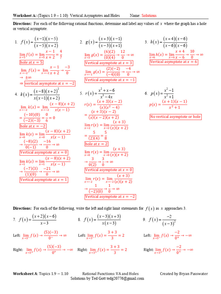 Worksheet A Key Topics 1.9-1.10 Rational Functions VA and Holes | PDF ...