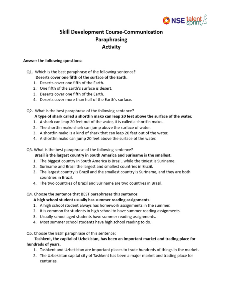 Session 8 - Paraphrasing Activity | PDF
