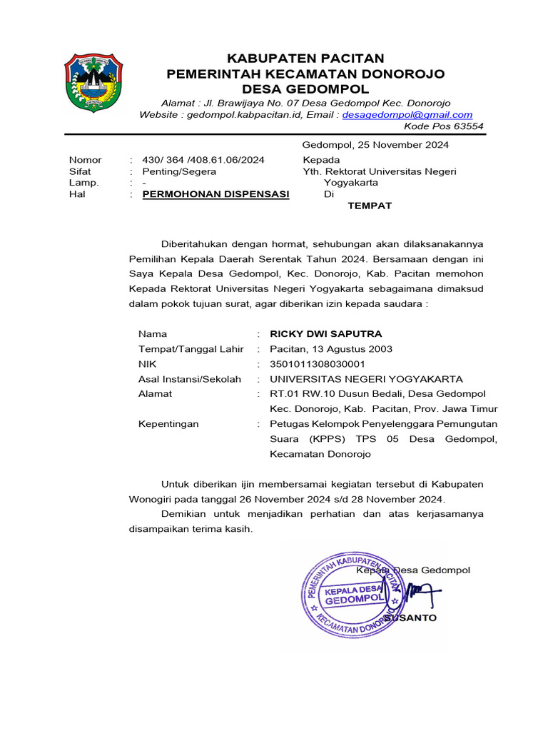 Dispensasi Ricky Dwi Saputra | PDF