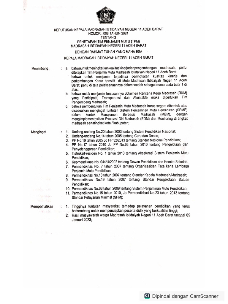 SK Penetapan Tim Penjamin Mutu 2024 | PDF