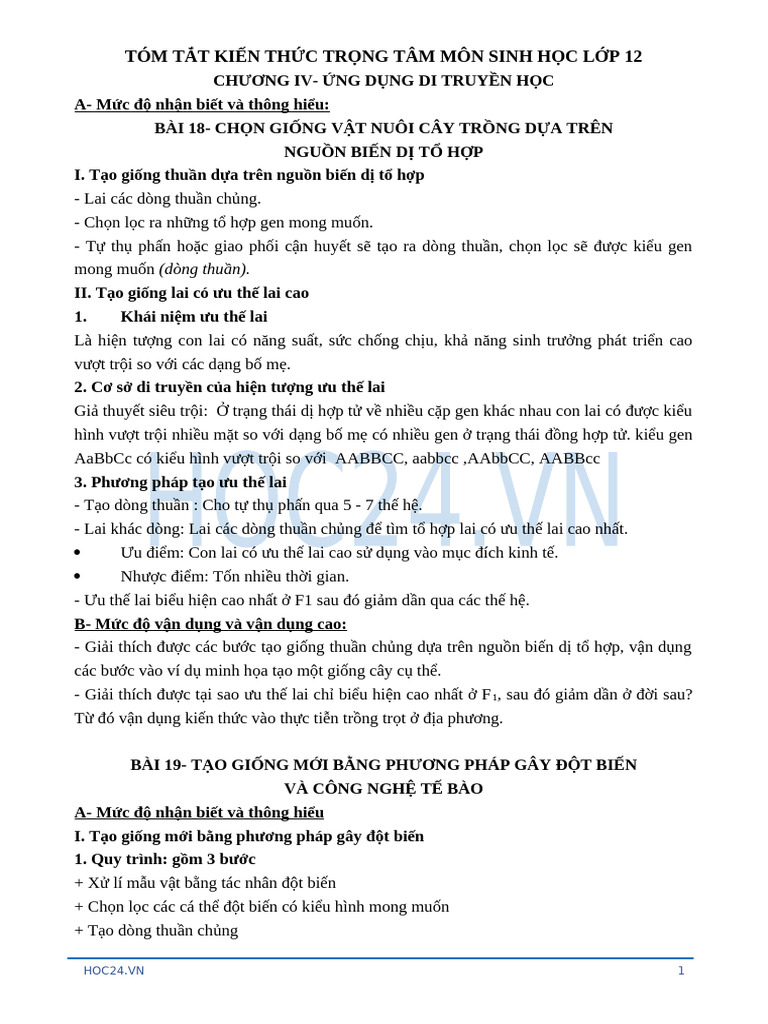 (Lib24.Vn) Tom Tat Kien Thuc Lop 12 Chuong IV Ung Dung Di Truyen Hoc | PDF