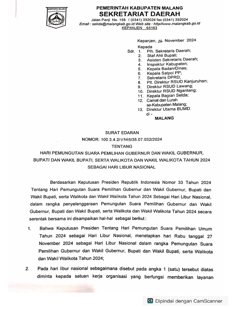 Surat Edaran Pemungutan Suara Sebagai Hari Libur Nasional 2024 | PDF