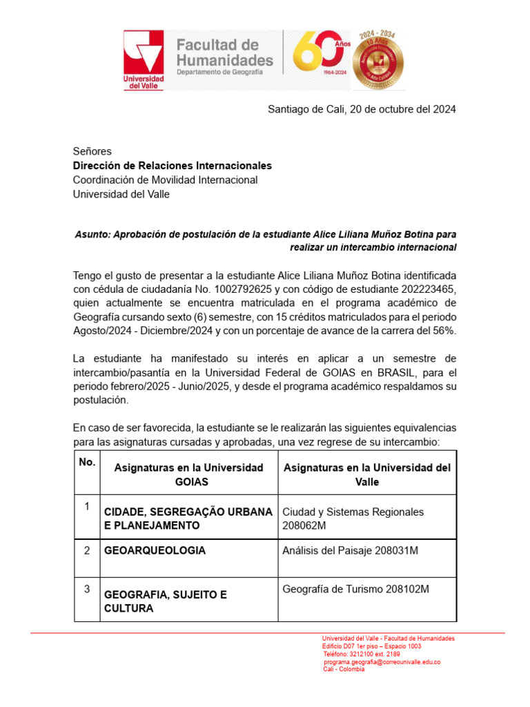 Postulación de Alice Muñoz para intercambio | PDF | Educación en artes ...