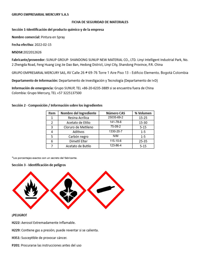Hoja de Seguridad de Pintura en Spray | PDF | Agua | Combustión