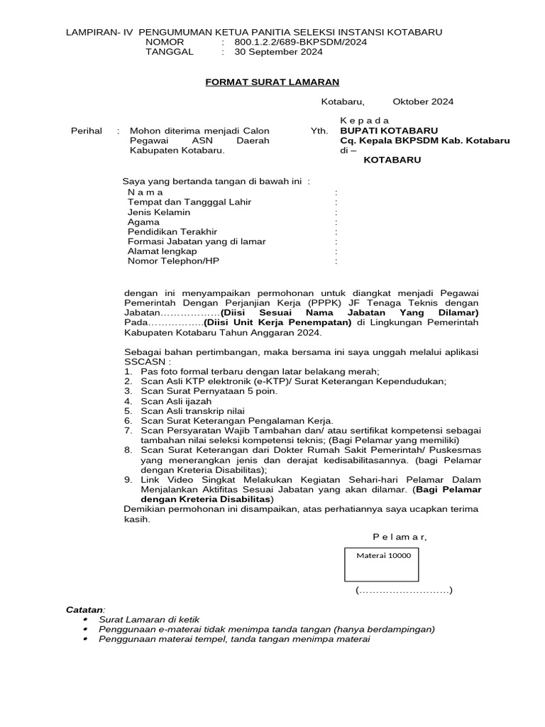 Format Surat Lamaran Dan Pernyataan 5 Poin PPPK-1 | PDF