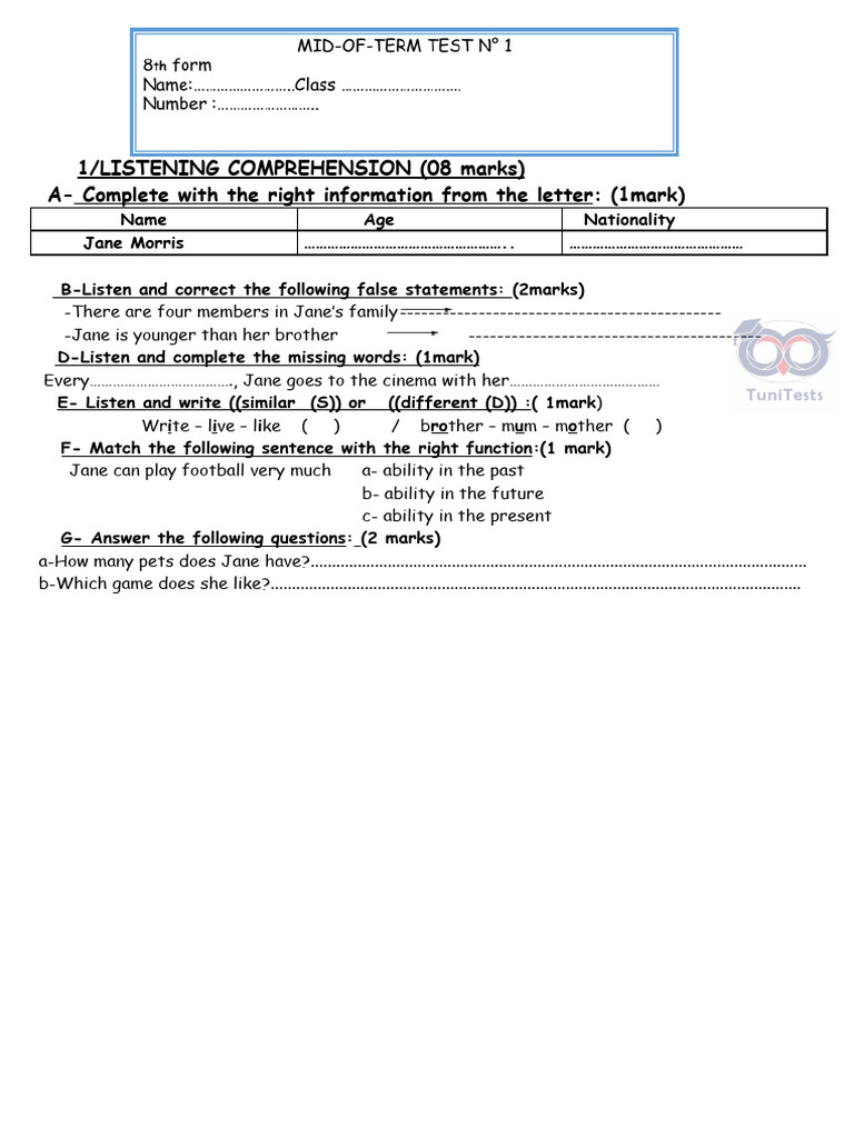 1/listening Comprehension (08 Marks) A-Complete With The Right ...