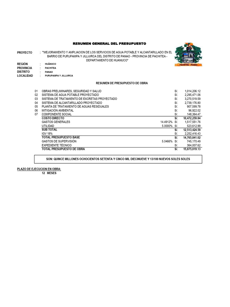 Ppto Resumen Purupampa | PDF | Ingeniería hidráulica | Higiene
