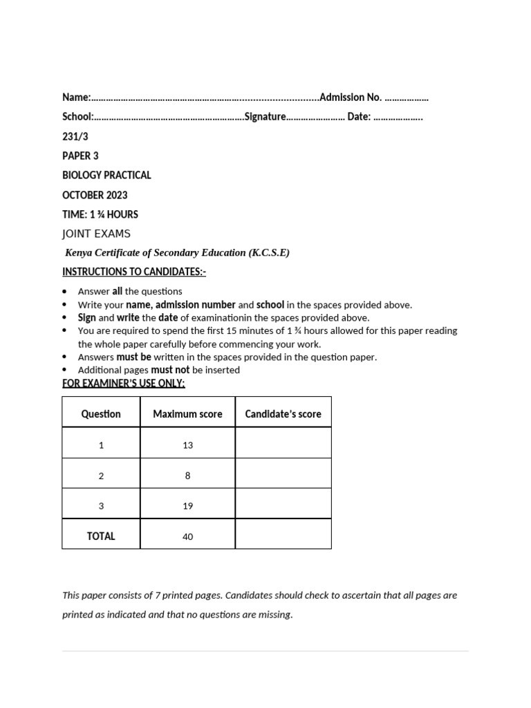 Form 3 2023 End T3 Biology PP3 QS - Teacher - Co - .Ke - Set - A | PDF