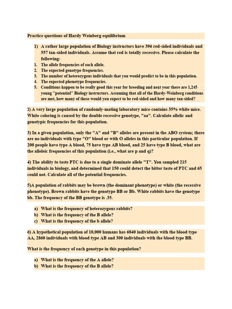 Hardy-Weinberg Equilibrium Practice Questions | PDF | Allele ...