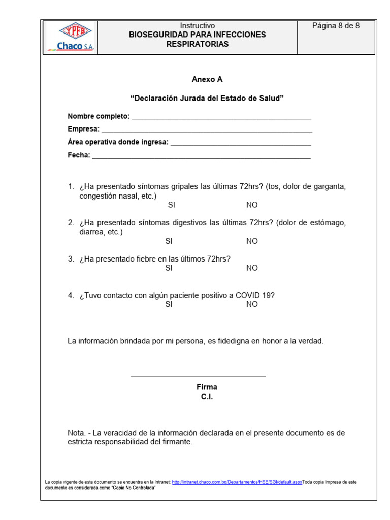 Cuestionario de Bioseguridad COVID-19 | PDF