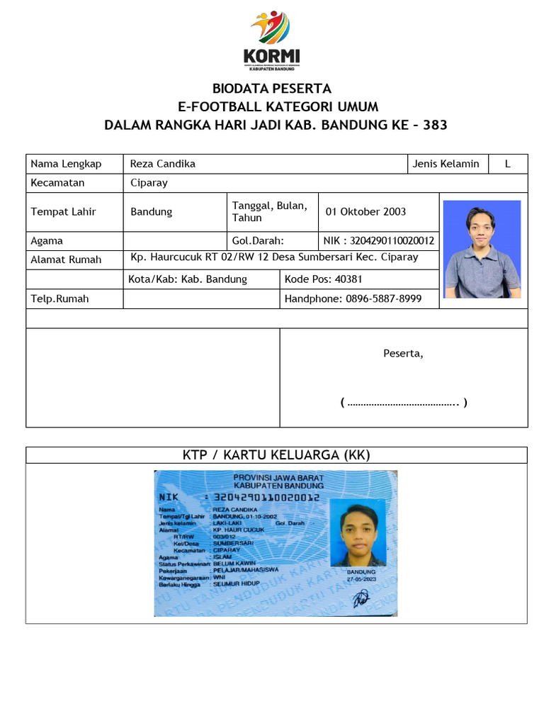 Biodata Peserta Efootball - Reza Candika | PDF